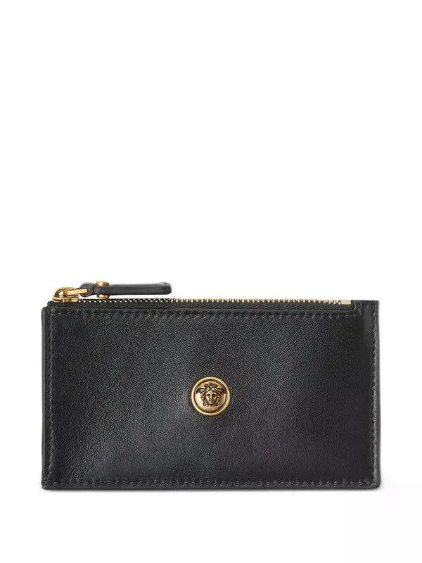 Versace Emblème Leather Zip Card Holder - Black