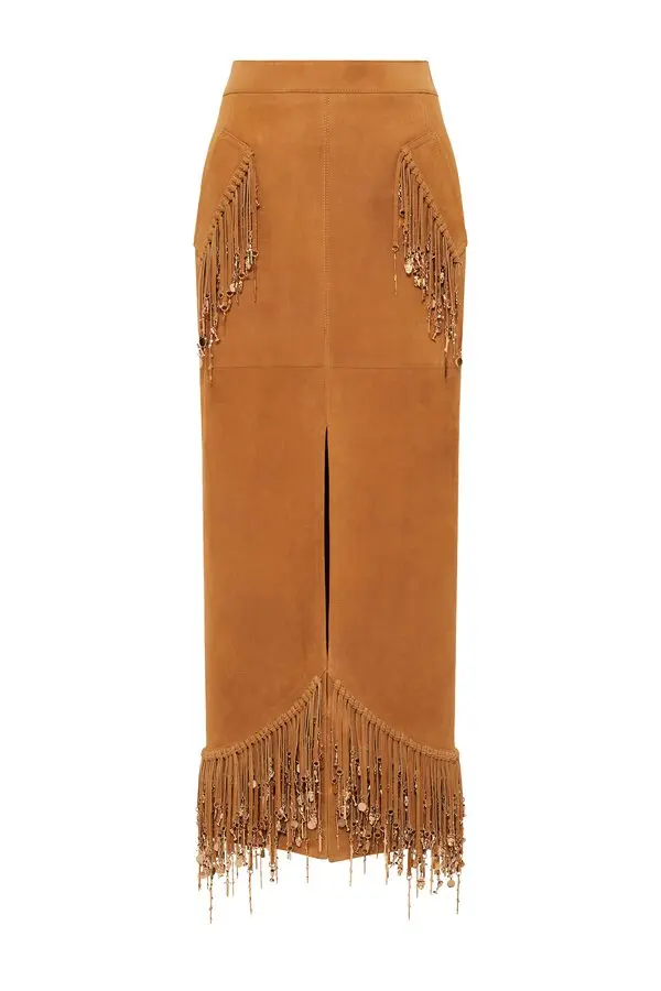 Gabriela Hearst Suede Maxi Skirt With Charms And Fringe - Cashew