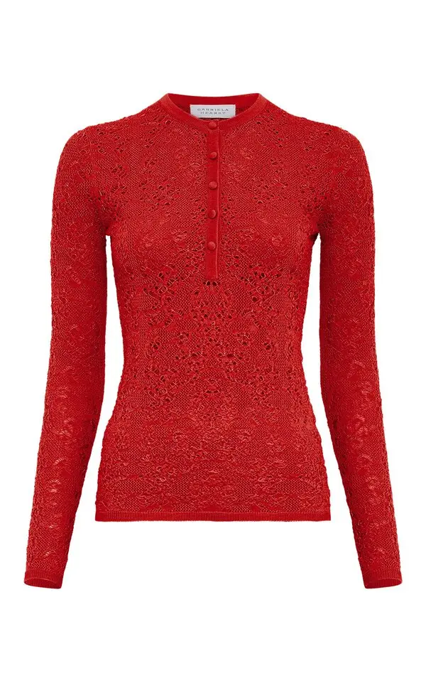 Gabriela Hearst Gaviran Lace Knit Henley In Merino Wool - Tonic Orange