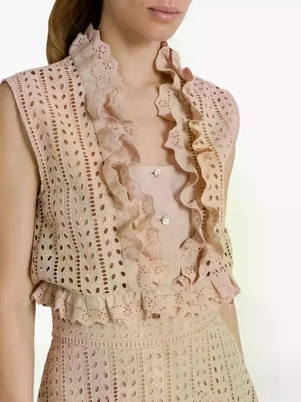 Alberta Ferretti Ruffled Crochet Knit Top - Pink