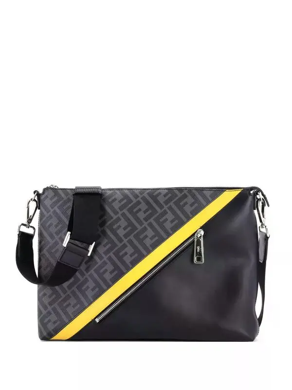 Fendi Front Zip Messenger Zucca Coated Canvas And Leather Large Crossbody Bag - Black