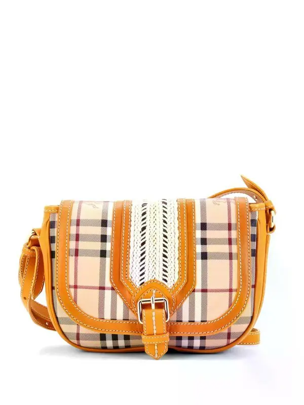 Burberry Buckle Flap Messenger Bag Haymarket Coated Canvas With Braided Leather Small Crossbody Bag - Brown