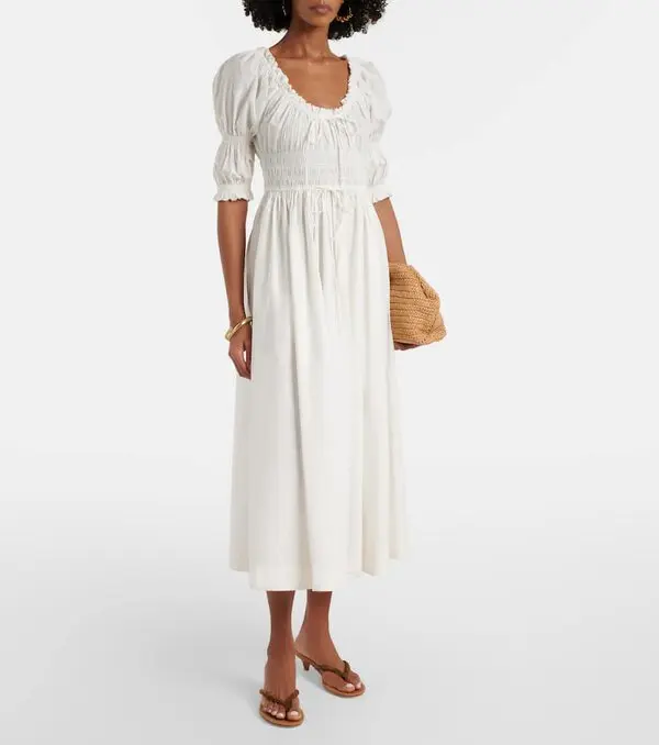 DÔEN Shirred Cotton Midi Dress - White