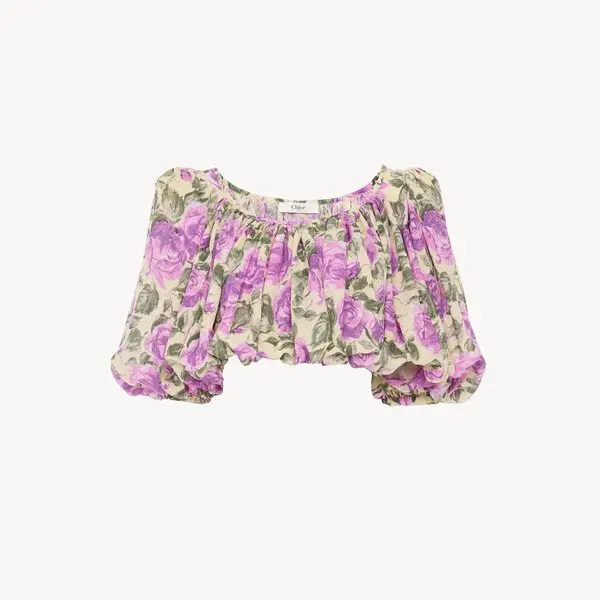 Chloé Puff-sleeve Cropped Top In Jacquard - Yellow - Purple