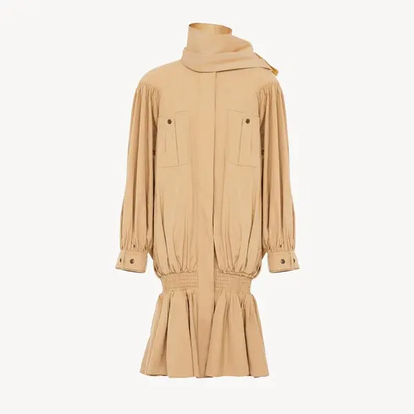 Chloé High-neck Gathered Trench Coat In Poplin - Pearl Beige