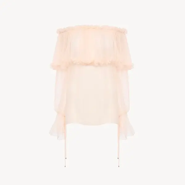 Chloé Off-the-shoulder Puff-sleeve Top In Mousseline - Powdery Pink