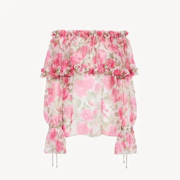 Chloé Off-the-shoulder Puff-sleeve Top In Mousseline - White Pink