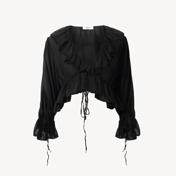 Chloé Cropped V-neck Ruffle Top In Georgette & Lace - Black