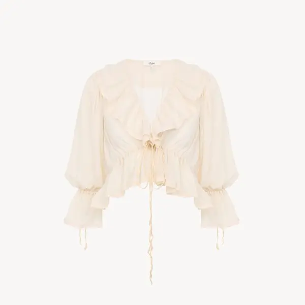 Chloé Cropped V-neck Ruffle Top In Georgette & Lace - Coconut Milk