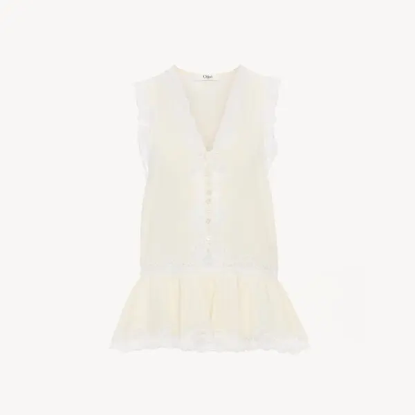Chloé Sleeveless Peplum Top In Crêpe De Chine & Lace - Coconut Milk