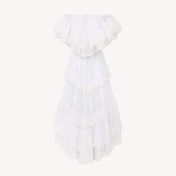 Chloé Long Ruffled Dress In Voile - Iconic Milk