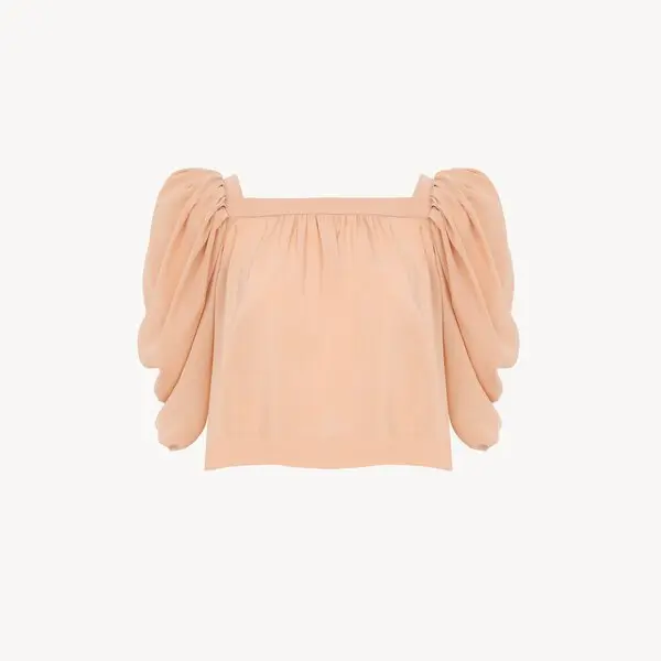 Chloé Puff-sleeve Pleated Top In Crêpe De Chine - Sand Brown