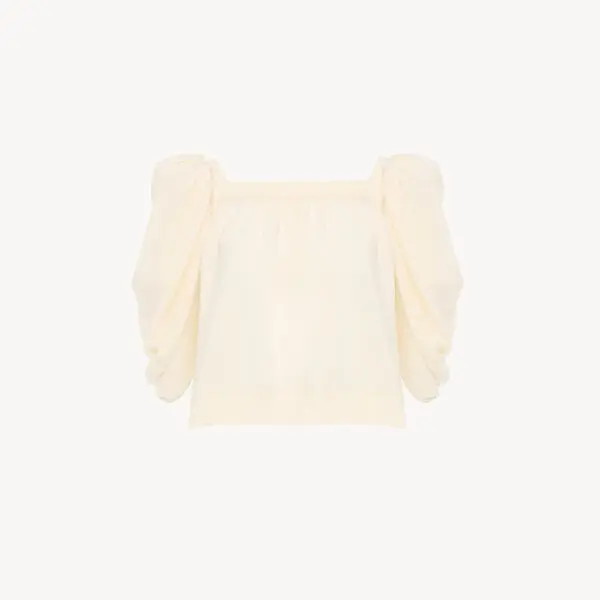 Chloé Puff-sleeve Pleated Top In Crêpe De Chine - Coconut Milk