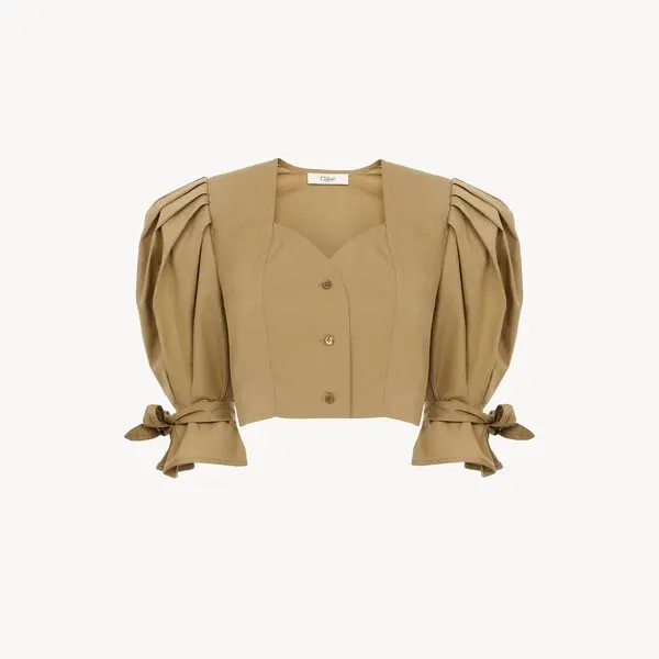Chloé Puff-sleeve Cropped Top In Poplin - Amber Olive