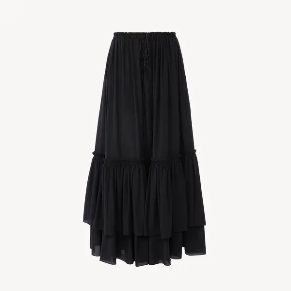 Chloé Ruffled Long Skirt In Crêpe De Chine - Black