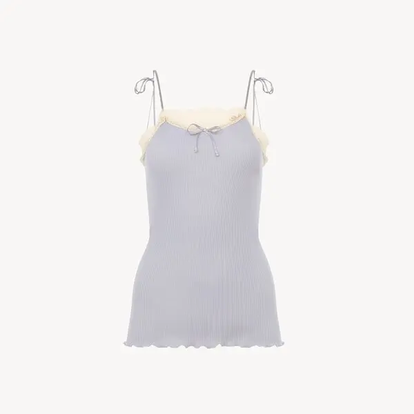 Chloé Thin-strap Tank Top In Jersey & Lace - Cashmere Grey