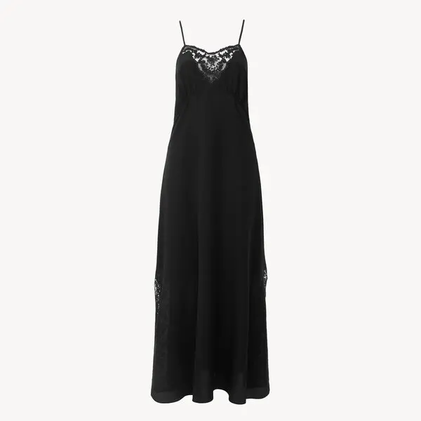 Chloé Long Lingerie Dress In Crêpe De Chine & Lace - Black