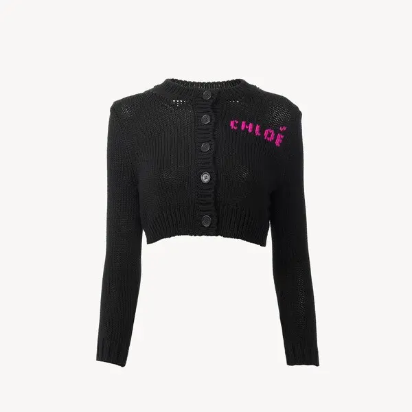 Chloé Cropped Fitted Logo Cardigan In A Knit - Black