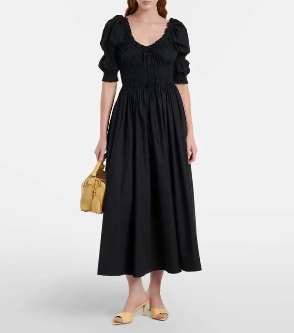 DÔEN Shirred Cotton Midi Dress - Black