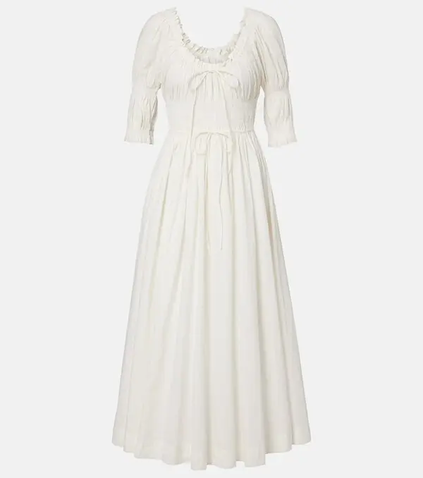 DÔEN Shirred Cotton Midi Dress - White