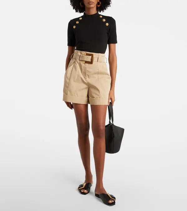 Balmain Belted Cotton Gabardine Shorts - Beige