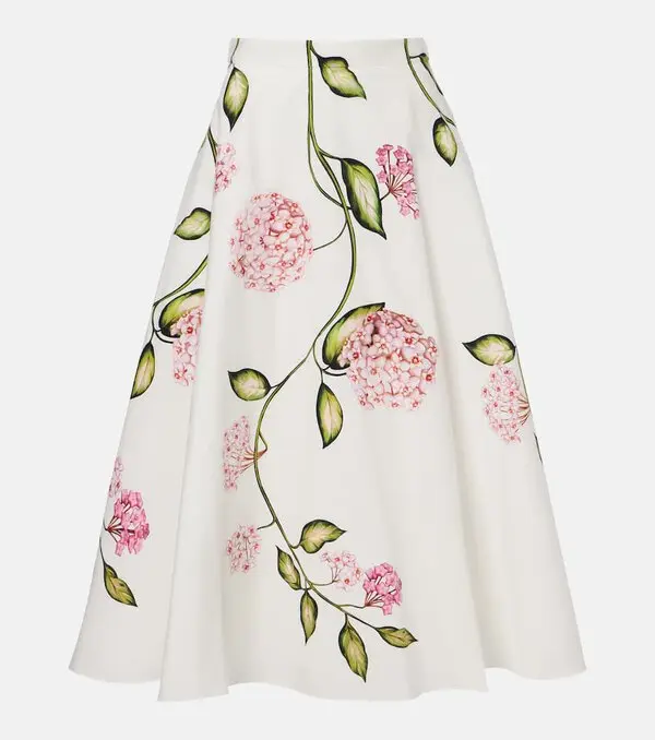 Oscar De La Renta Floral Cotton-blend Poplin Midi Skirt - White