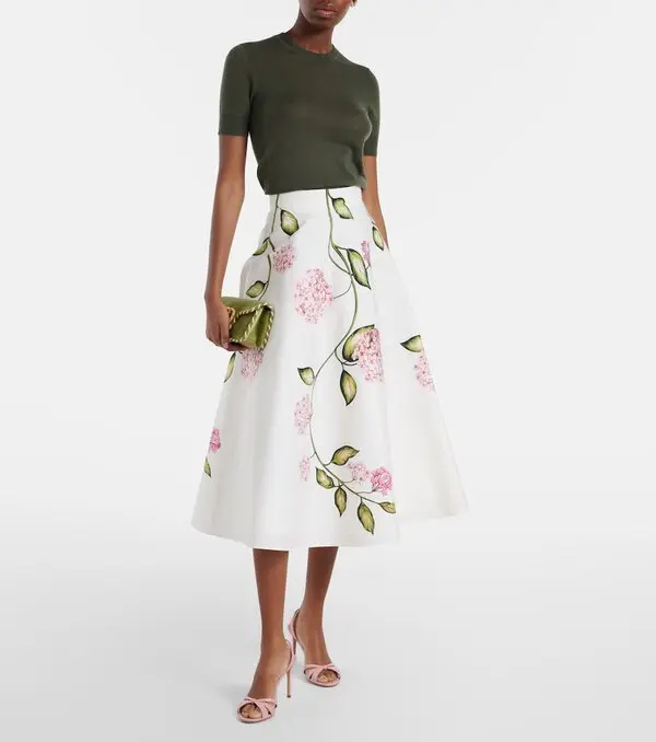 Oscar De La Renta Floral Cotton-blend Poplin Midi Skirt