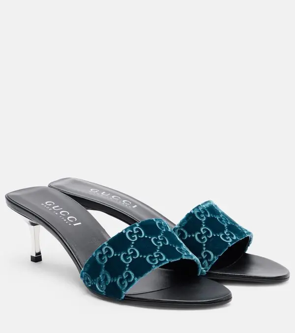Gucci Velvet Mules With Gg Logo - Blue