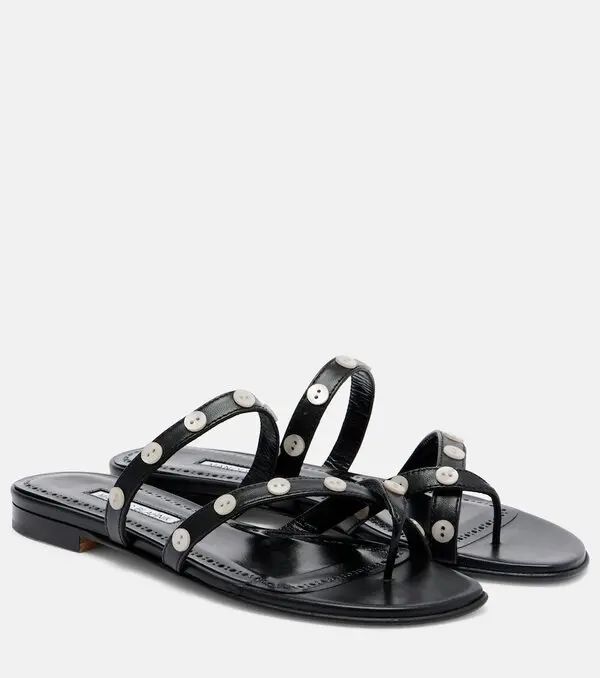 Manolo Blahnik Embellished Leather Thong Sandals - Black
