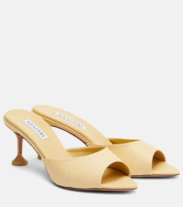 AQUAZZURA Bisous Woven Raffia Mules - Yellow