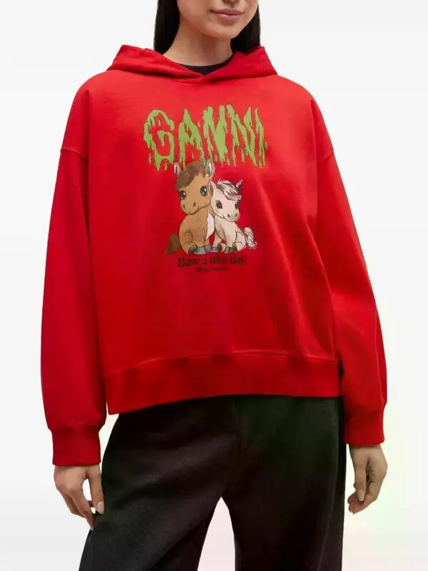 GANNI Isoli Cropped Hoodie With Horse Print