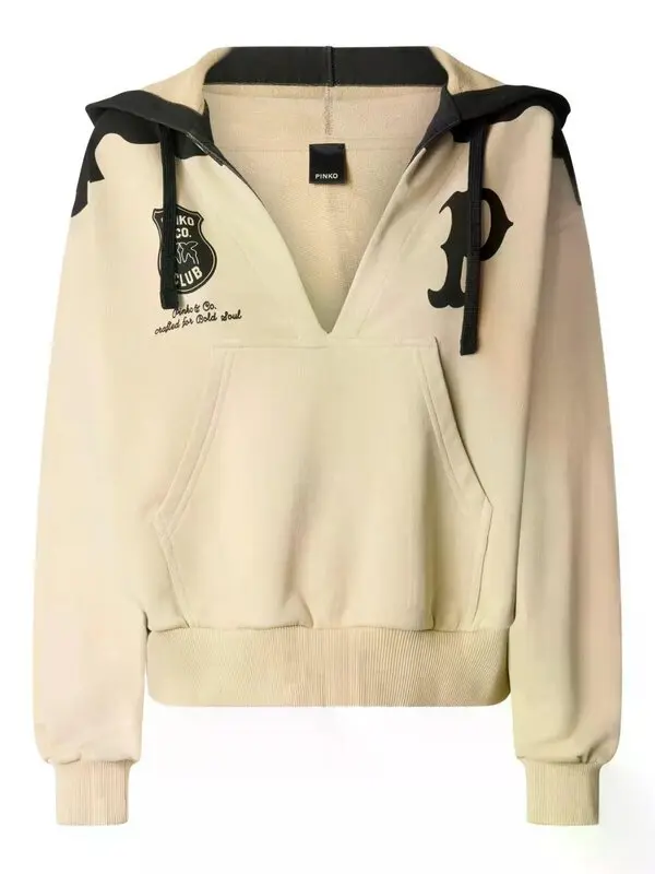Pinko Cotton V-neck Hoodie With Two-tone Hood And Rodeo Prints - Neutrals