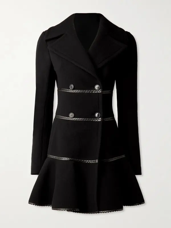 Alaïa Princess Double-breasted Leather-trimmed Wool Peplum Coat - Black