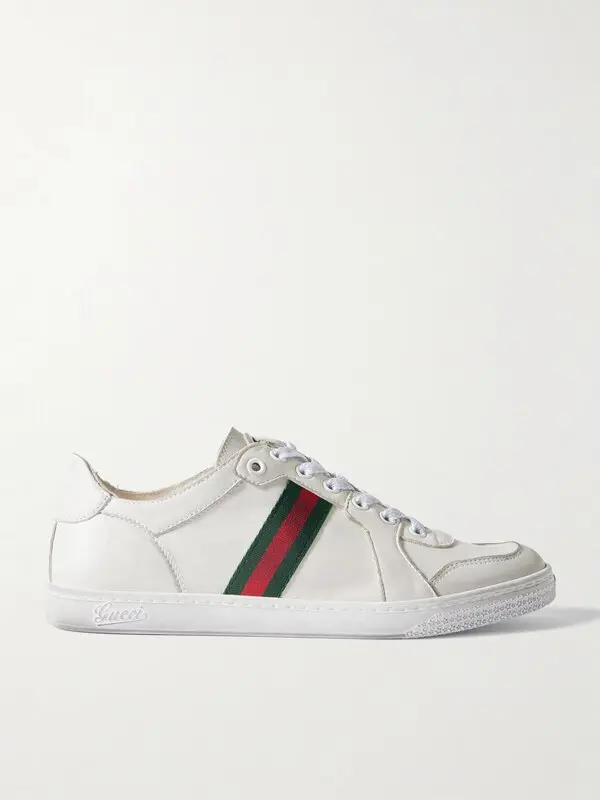 Gucci Distressed Webbing-trimmed Leather Sneakers - White