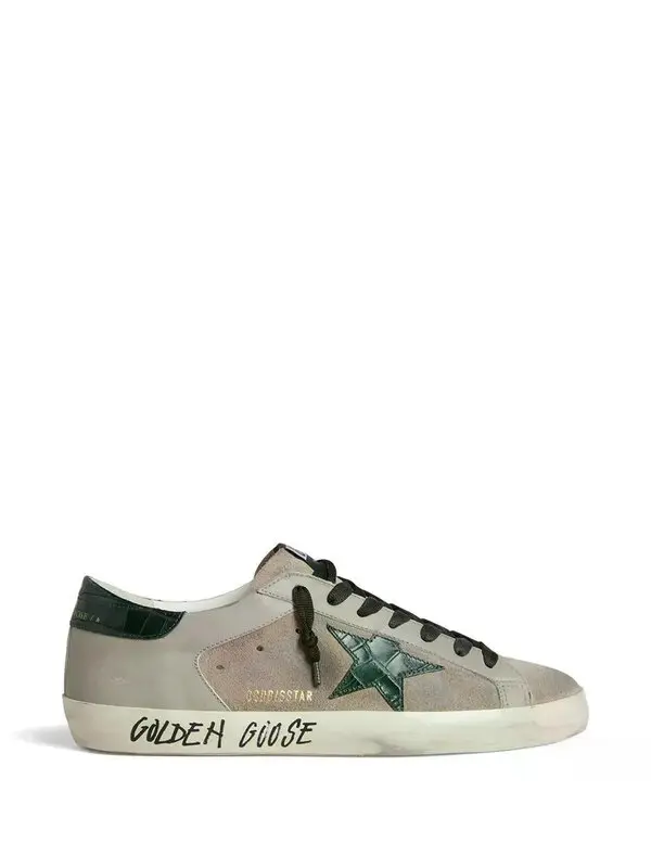 GOLDEN GOOSE Super-star Sneakers In Nappa And Suede With Green Croc-print Leather Star - Neutrals