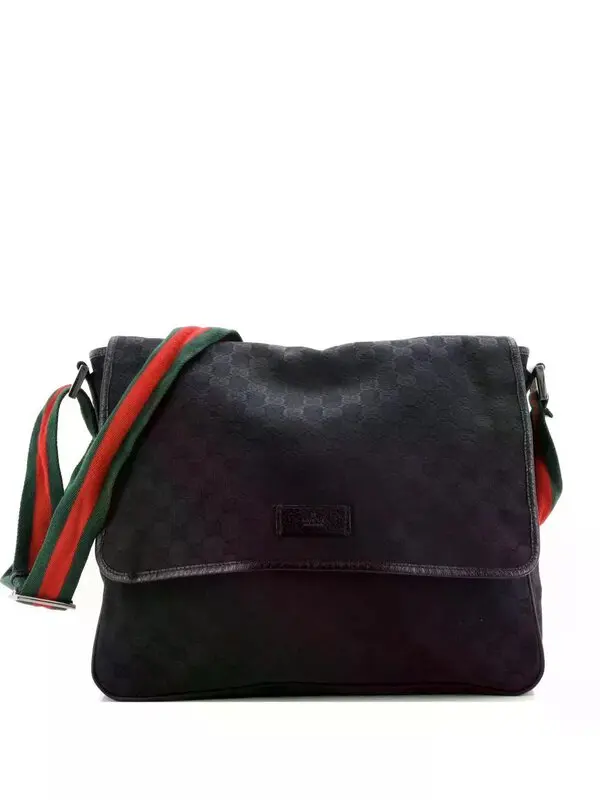 Gucci Web Strap Flap Messenger Gg Canvas Medium Crossbody Bag - Black