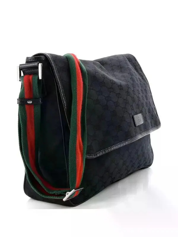 Gucci Web Strap Flap Messenger Gg Canvas Medium Crossbody Bag - Black