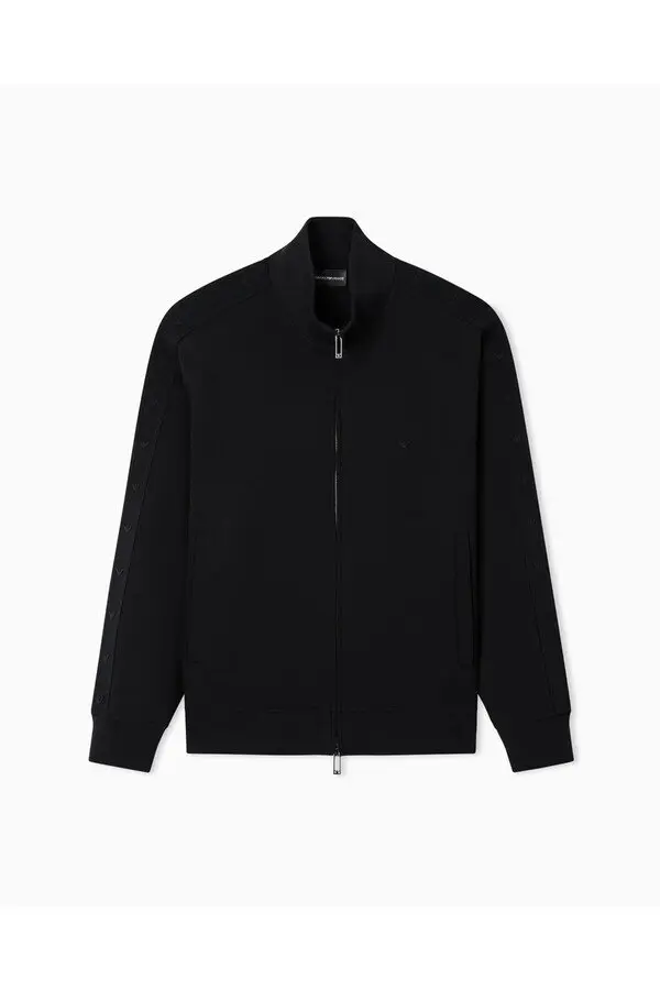 Emporio Armani Full-zip Sweatshirt In Double Jersey With Micro-eagle Band - Black