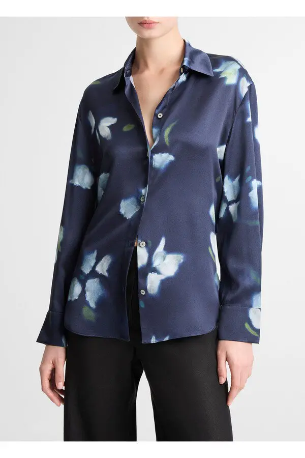 Vince Petal Blur Silk Relaxed Button-front Shirt - Blue / Navy