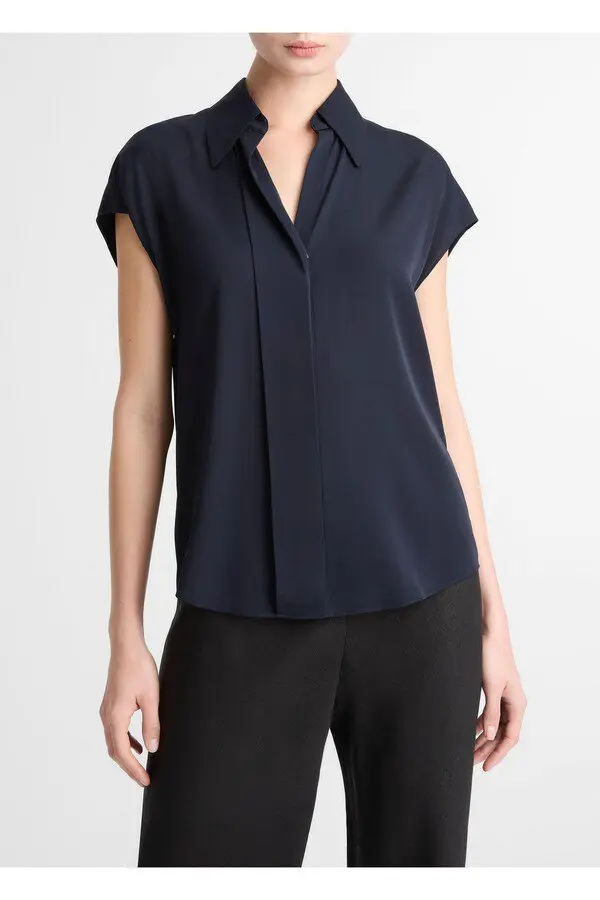 Vince Stretch-silk Hidden-placket Cap-sleeve Blouse - Black