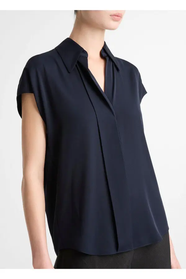 Vince Stretch-silk Hidden-placket Cap-sleeve Blouse - Black