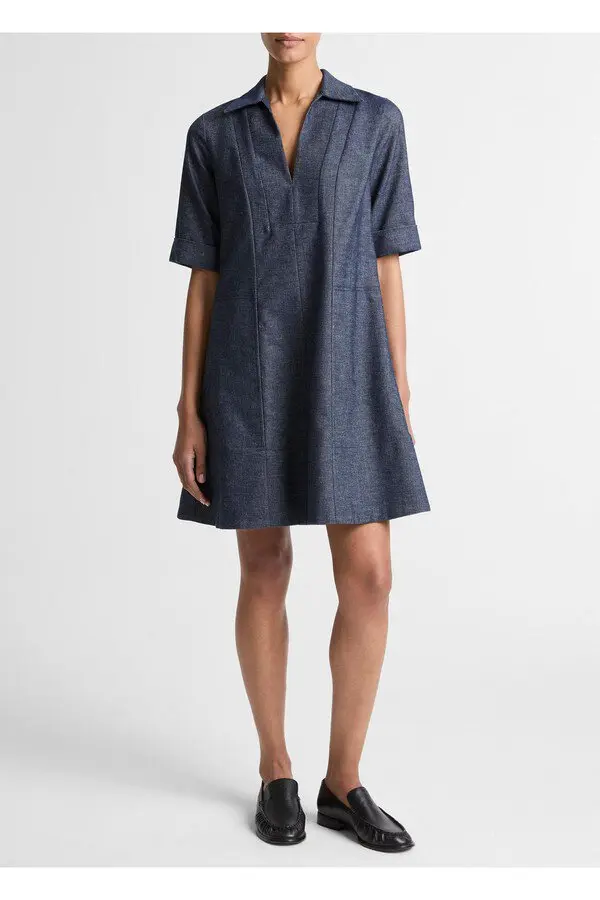 Vince Cotton-linen Chambray A-line Dress - Navy
