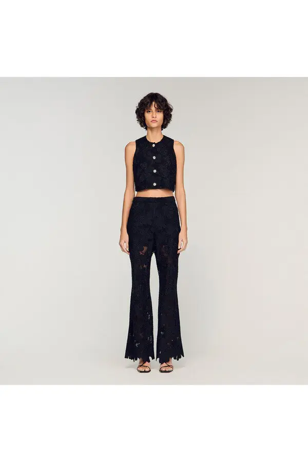 Sandro Guipure Lace Straight Leg Trousers - Black