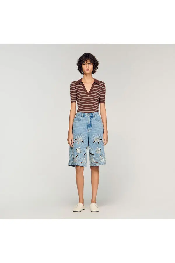 Sandro Embellished Denim Bermuda Shorts - Blue