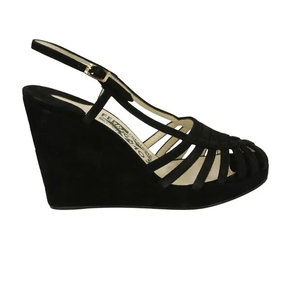 FERRAGAMO Claretta Suede Wedge - Black
