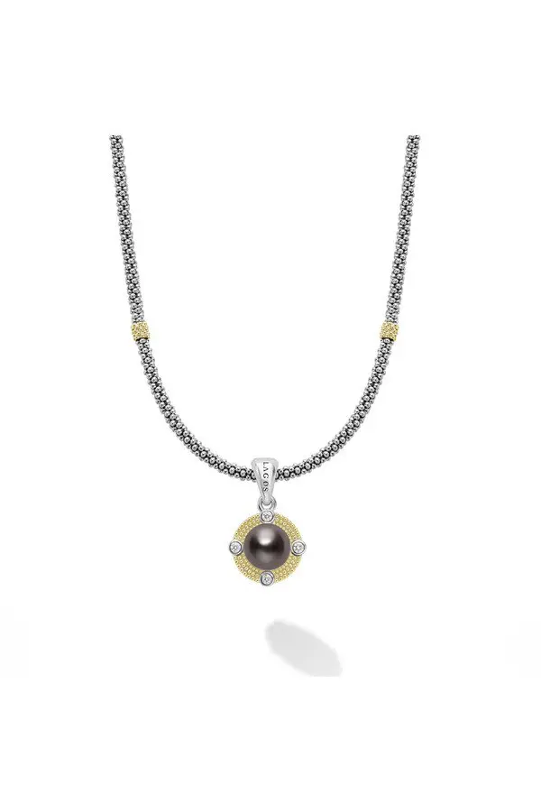 Lagos Luna Tahitian Pearl Diamond Caviar Necklace - Black
