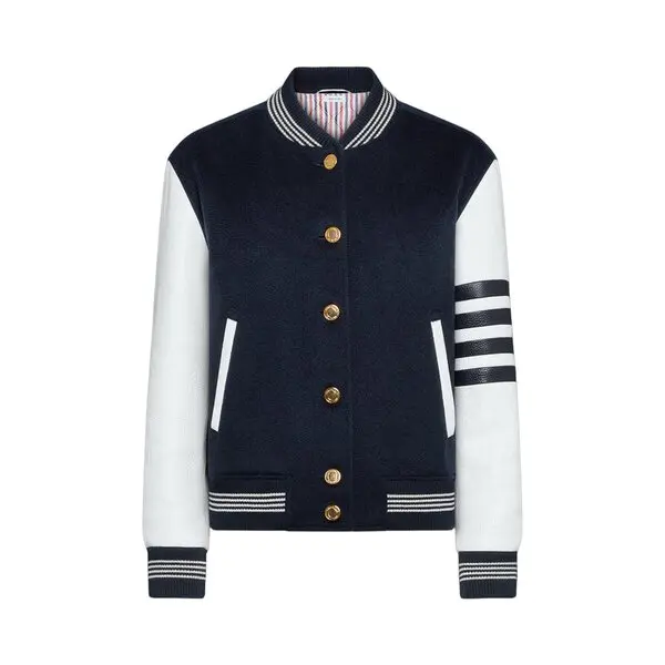 Thom Browne Relaxed Fit Varsity Jacket With Leather Sleeves - Blue