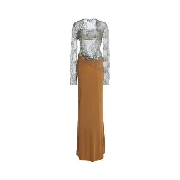 Christopher Esber Sèpienne Lace Suede Belted Jersey Gown 'metallic Khaki/deep Sand - Tan