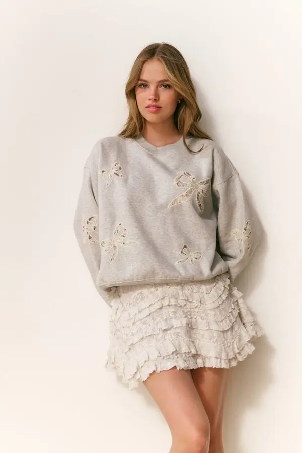 LoveShackFancy Linetta Lace Bow Pullover - Heather Grey