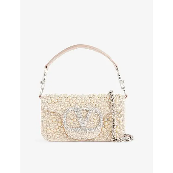 Valentino Garavani Locò Small Embellished Satin Shoulder Bag - Crema/rosa/crystal